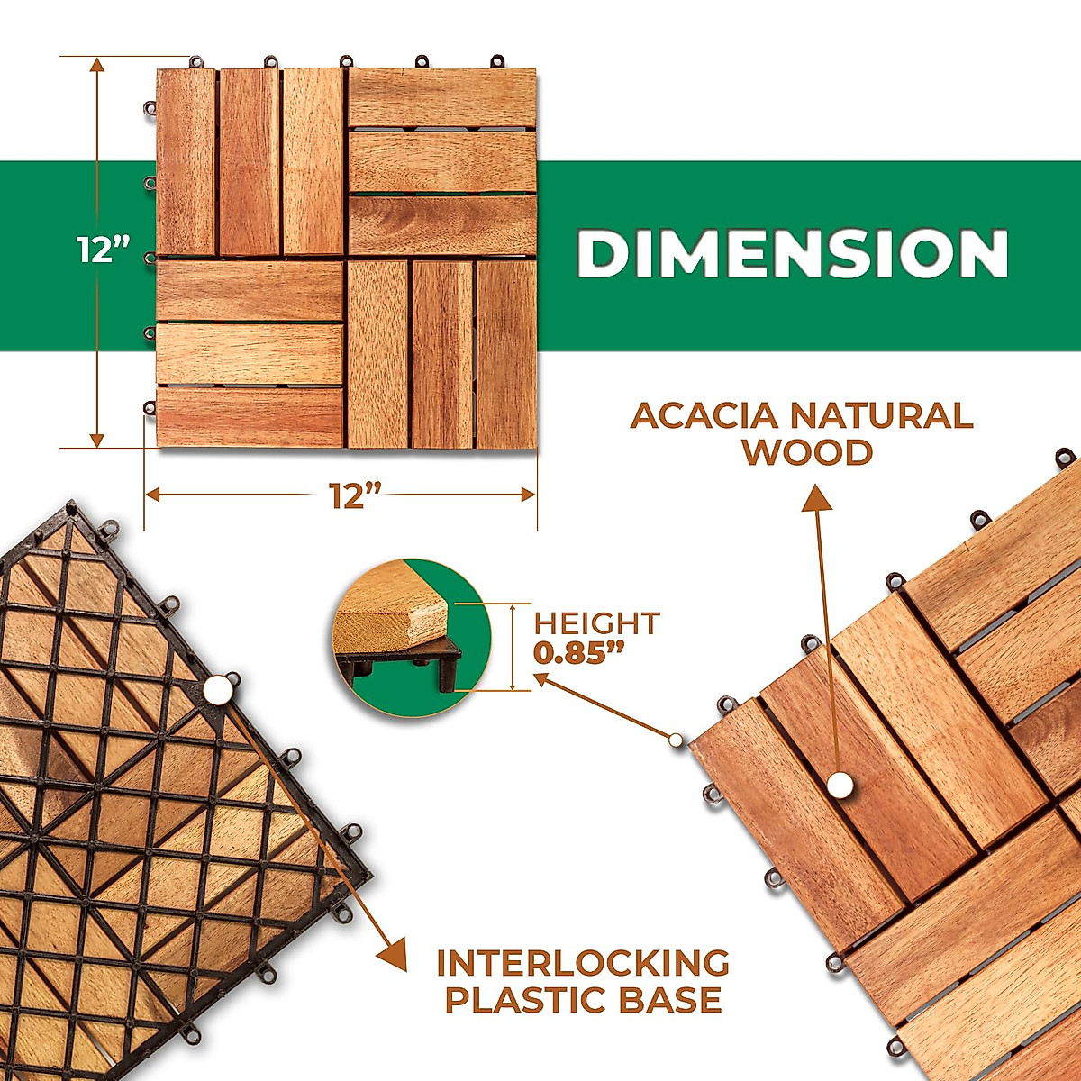 Solid Wood Interlocking Deck Tiles (Pack of 10, 12" x 12"), Acacia Deck Tiles, Floor Tiles for Both Indoor and Outdoor Use, Waterproof All Weather 12slats (12x12, 12 Slat)