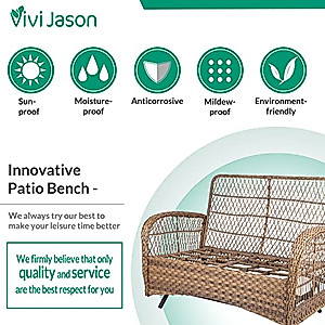 VIVIJSAON 2-Piece Patio Wicker Loveseat Glider Set Cushioned, Outdoor Conversation Furniture Sets with 2-Seater Glider Rocking Bench, Coffee Table and Cushions for Porch Garden Poolside, Light Brown