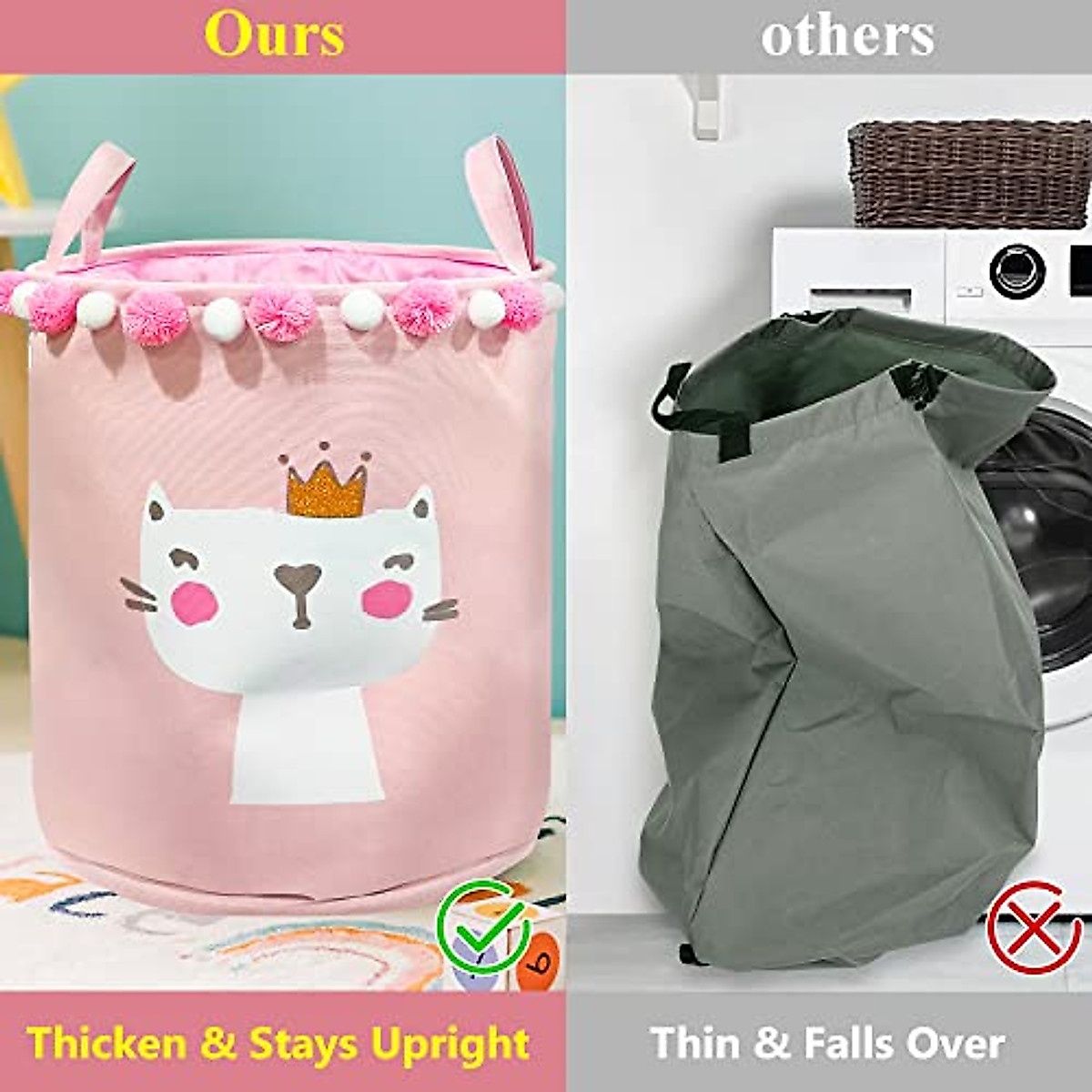 Cute Babys Laundry Basket - Kids Laundry Hamper for Girls, (Cat) Collapsible Thicken Durable Toys Organizer Storage Round Baskets and Nursery Bedroom Decor (Pink）