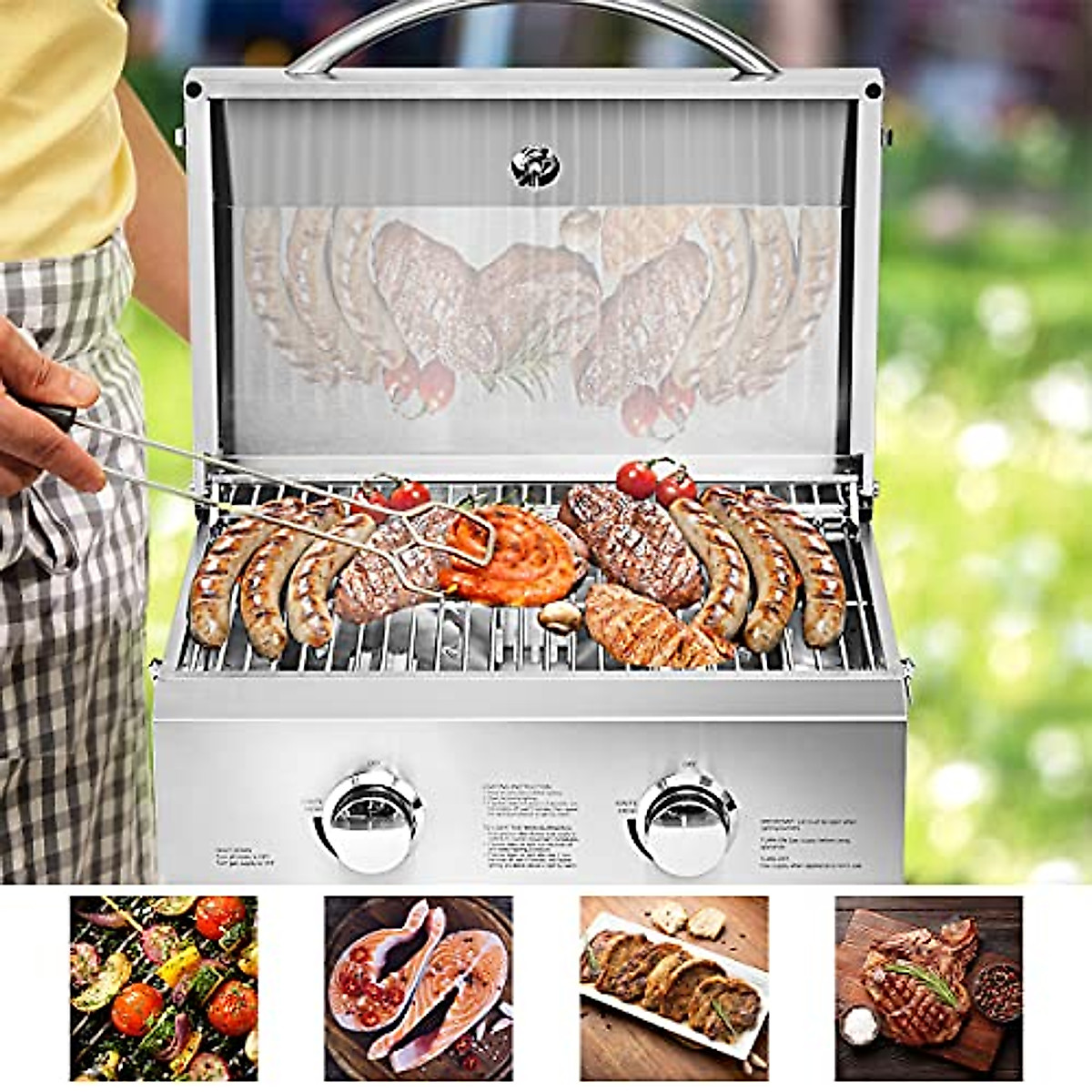 Happygrill Portable Gas Grill Stainless Steel Propane Grill Two-Burner Outdoor BBQ Grill with Foldable Leg for Camping Picnics, 20,000 BTU