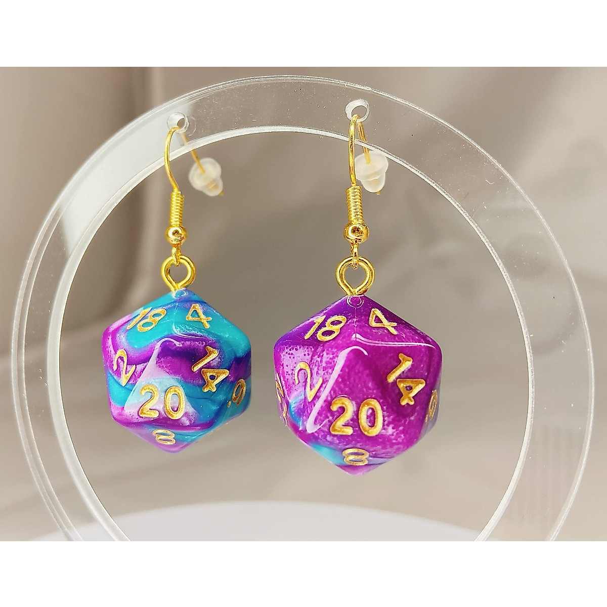 d20 20-Sided Polyhedral Dice Earrings - Hook with Earnuts (Light Blue-Purple Swirl)