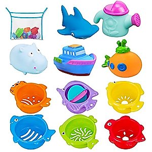 INNOCHEER Baby Bath Toys for Water Table, Toddler Water Toys with Bath Toys Stacking Cups, Quick Dry Organizer Net, 13 Pcs Early Educational Toy for Bathtub Game, Beach and Pool Party