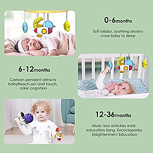 Baby Crib Mobile with Safety Buckle Lock,Music,Light Projector,3 Modes(Rotate,Natural light,Lullaby)2 Volume Control,Slow Silent Rotation,Remote Control,Five Soft Toys-Eapura Space Stars Station Theme