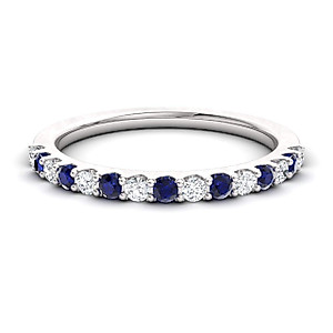 Diamondere Natural and Certified Blue Sapphire and Diamond Wedding Ring in 14K White Gold | 0.38 Carat Half Eternity Stackable Band for Women, US Size 6.5