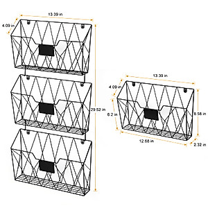 Hanging Wall File Holder Wall Mount Metal Wall File Organizer 3 Pockets Mail Organizer with Hooks for Office Home,Black