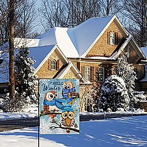 Covido Home Decorative Hello Winter Owls Family Garden Flag, Animals Yard Outside Decorations, Snow Farmhouse Outdoor Small Decor Double Sided 12x18