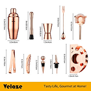 Velaze Cocktail Shaker Set, 10 Pieces Stainless Steel Bar Tools - Bottle Opener, Pour Spouts, Measuring Jigger and Wine Stopper, Champagne Martini Shaker Sets (Rose Gold)
