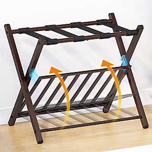 Folding Luggage Rack for Guest Room, Foldable Luggage Suitcase Stand with Unique Magnetic Locking ＆ Steel Shelf, Per Tier Hold up to 150 lb, Luggage Holders for Guest Room Bedroom Hotel, Brown, 1 Pack