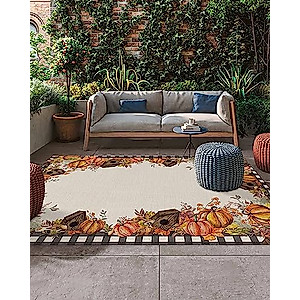 Thanksgiving Fall Outdoor Rug for Patio/Deck/Porch, Non-Slip Area Rug 5x8 Ft, Orange Pumpkin Maple Leaf Black White Plaid Indoor Outdoor Rugs Washable Area Rugs, Reversible Camping Rug Carpet Runner