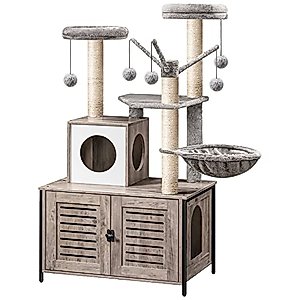 HOOBRO Cat Tree with Litter Box Enclosure, Cat Tower with Scratching Posts for Indoor Cats, All-in-One Wooden Cat House Furniture, Cat Condo with Hammock, Detachable Teaser Sticks, Greige BG14MZ03