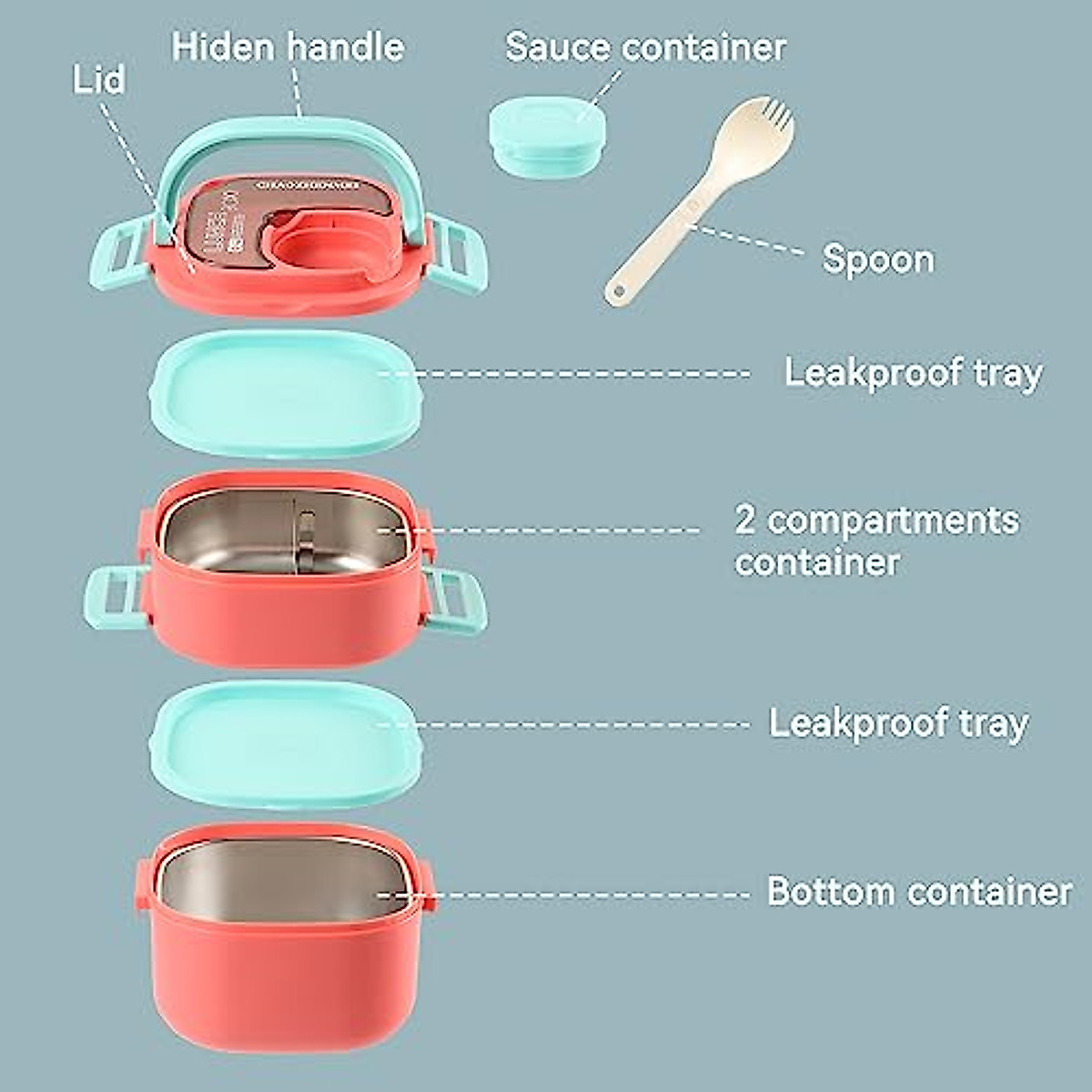 Stackable Lunch Container for Adults with 45oz Large Capacity Stainless Steel bento box Adult lunch box, Leak-Proof Durable All-in-One Bento Box Built In Divider, Spoon, Dressing Container (Pink)
