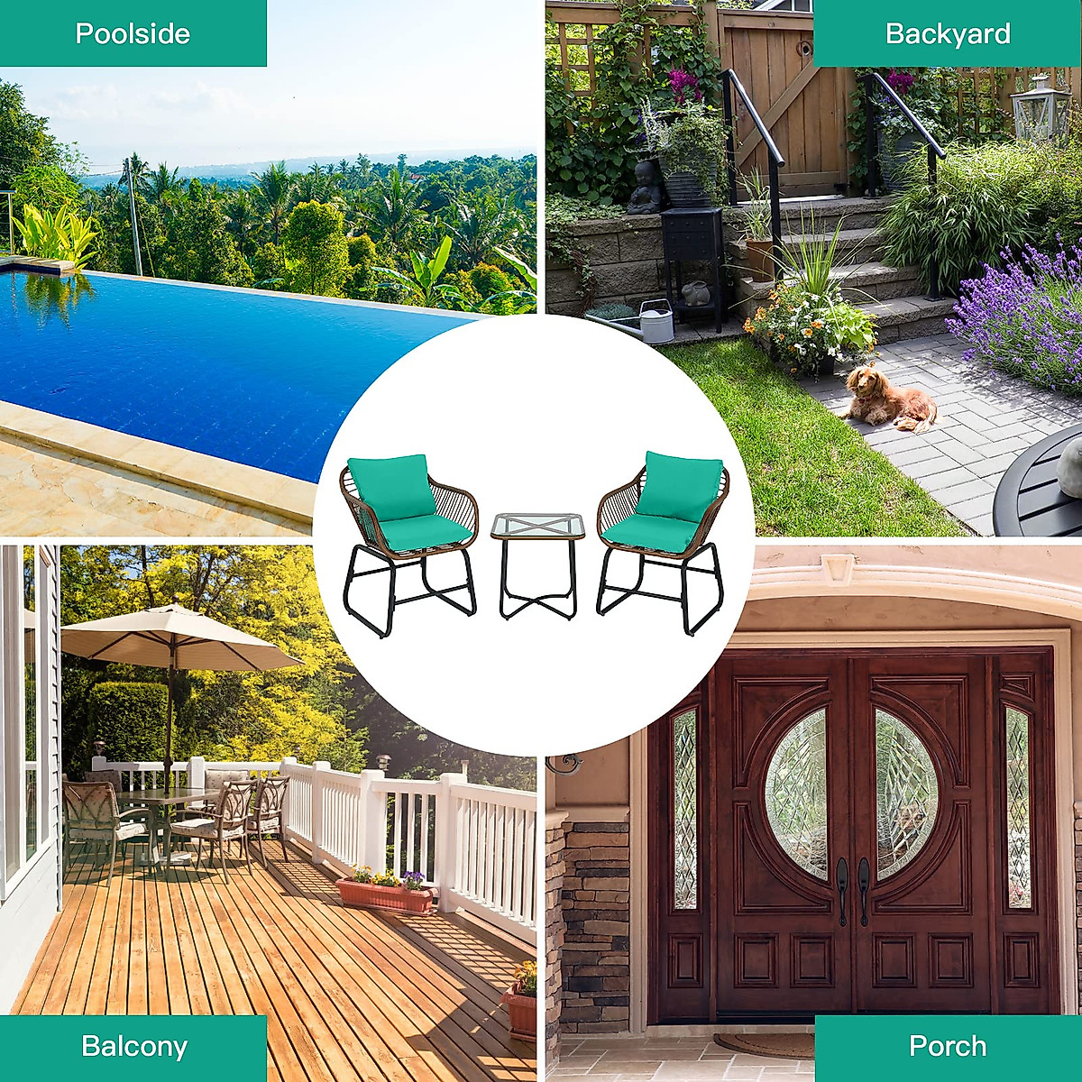 Tangkula 3 Pieces Patio Bistro Set, Patiojoy Outdoor PE Rattan Armchairs and Coffee Table Set with Comfortable Cushions & Adjustable Foot Pads, Suitable for Garden Backyard Poolside (Turquoise)