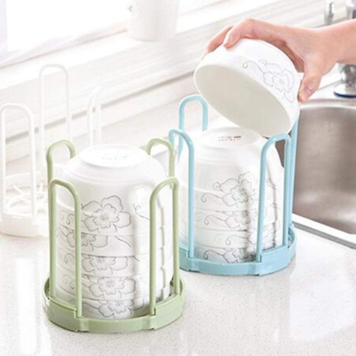 LUOY Dinnerware Bowl Plate Holder Plastic Drain Rack Dish Storage Display Stand Drying Shelf Tableware Drainer Rack Kitchen Organizer White