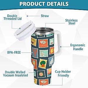 Emelivor Summer Stamps Blue 30 oz Tumbler with Lid and Straw Insulated Tumblers with Handle Leak Proof Coffee Tumbler Mug Large Water Bottles for Hot and Iced Cold Drinks