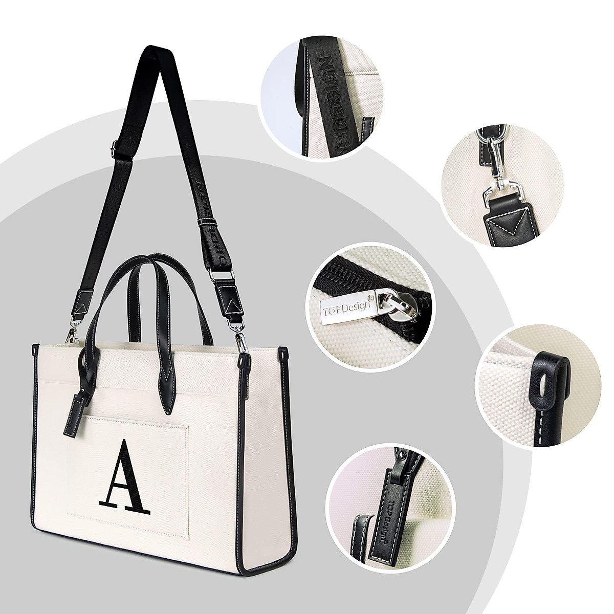 TOPDesign Initial Laptop Tote Bag for Women, Stylish Canvas Bag for 15.6 Inch Computer, Personalized Monogrammed Work Purse, Large Casual Business Briefcase, Office Handbag, Perfect Gifts for Her