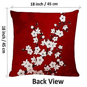 Ofocam Floral Throw Pillow Cover Red Black and White Cherry Blossoms Square Decorative Throw Pillow Cushion Case for Home Couch Living Room Bed Sofa Car 18 x 18 Inches Pillowcase