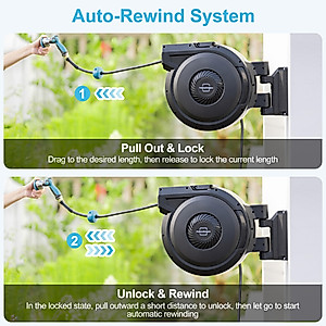 PolarcoForgeco Retractable Garden Hose Reel - 5/8 inch x 90 ft Wall Mounted Hose Reel with 10 Pattern Nozzle & Any Length Lock, Heavy Duty Water Hose Supports Automatic Rewind & 180° Swivel, Black