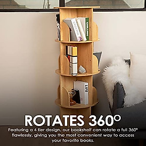 Rotating Bookshelf 360 Display, 4 Tier Floor Standing Bookcase for Kids & Adults, Solid Wood Narrow Spinning Bookshelf Organizer for Study Room, Living Room, Classroom & Bedroom.