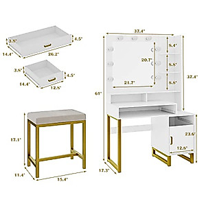 Xilingol Vanity Desk with Mirror & Lights, 37" Vanity Set with Mirror and Stool, Modern Makeup Table W/ 2 Drawers & Cabinet, Vanity for Makeup Room, Bedroom, White