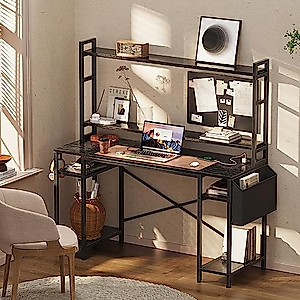 Huuger 55 inch Computer Desk with Adjustable Shelves, Gaming Desk with LED Lights & Power Outlets, Home Office Desk with Monitor Stand, Hooks & CPU Stand, Black