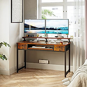 ODK Computer Desk with Keyboard Tray and Drawers, 48 inch Office Desk with Storage, Writing Desk with Monitor Shelf, Work Desk Workstation for Home Office/Bedroom, Rustic Brown