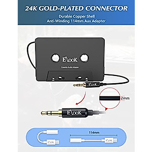 Elook 2023 Car Cassette Aux Adapter Kit, with Upgraded Smartphone to 3.5 mm Headphone Jack Adapter for Phone, MP3 ect. Black