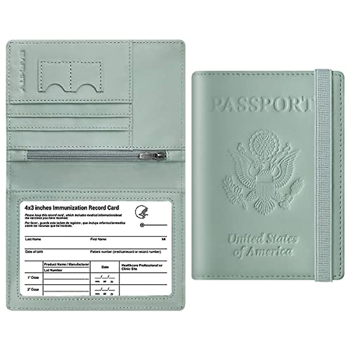 Genuine Leather Passport Holder for Women, Passport Wallet Cover with Elastic Strap and Zipper Closure, Rfid Passport Holder Fit for Immunization Record Card(Grey-White)