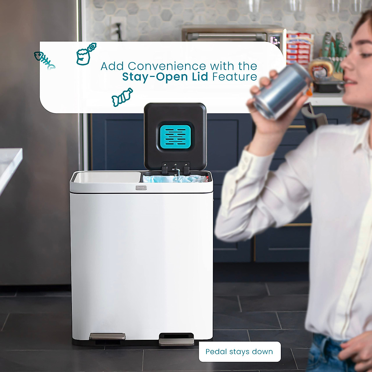 Home Zone Living 15.8 Gallon Kitchen Trash Can, Dual Removable Liners for Recycling and Trash, CleanAura Odor Control, Wide Stainless Steel Shape, Matte White (7.9 + 7.9 for 15.8 Gallon Total)