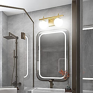 Ralbay Mid Century Modern Gold Vanity Light 2-Light Mid Century Modern Bathroom Light Fixture Gold Milky Glass Ball Bathroom Wall Light Fixtures