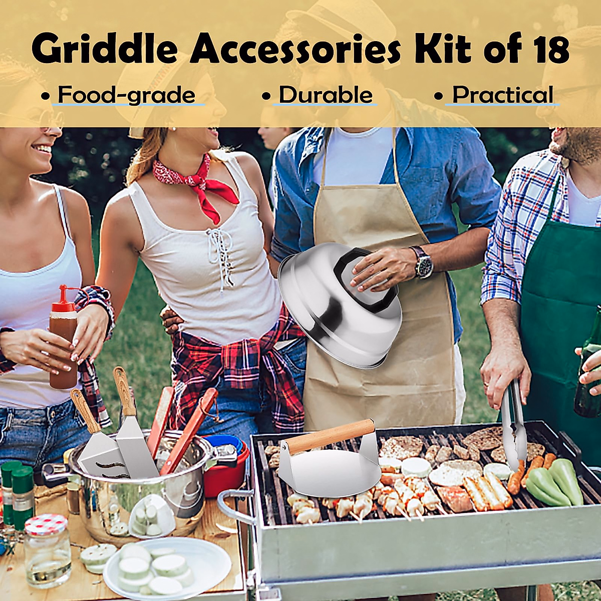 Griddle Accessories Kit of 18, HaSteeL Stainless Steel Teppanyaki Tools for Flat Top Outdoor Picnic Grilling Camping Cooking, Melting Dome, Metal Spatula, Burger Press, Easy to clean & Screwdriver