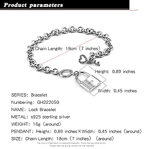 H&Beautimer 925 Sterling Silver Bracelet For Women's - Italian Handmade Rolo Chain 6.3, 6.7, 7.1, 7.5, 8 Inch - AAAAA CZ Zircon Heart/Lock Pendant Bracelet - Fine Jewelry (Lock Pendant, 6.3 inches)