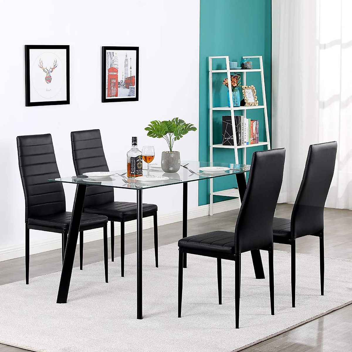 Karl home Black Dining Chair Set of 4, Leather Dining Chairs with Curved Back & Foot Cap Protection for Dining Kitchen Living Room, 300lbs Capacity