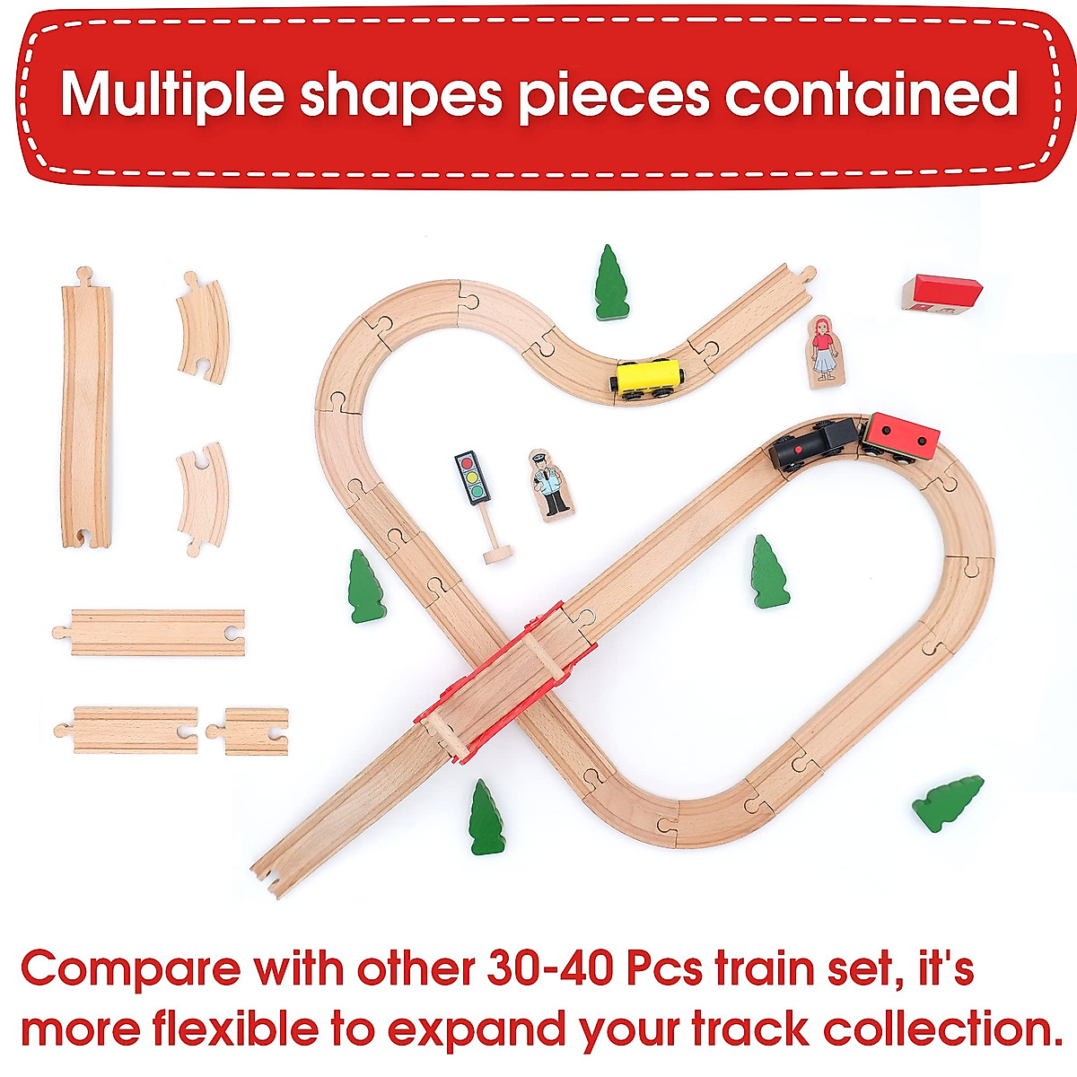 Tiny Land 74 Pcs Wooden Train Set with Battery Operated Train & Wooden Tracks -fits Thomas, fits Brio, fits Chuggington, fits Melissa and Other Major Brands for Kids Toys for 3+ Years