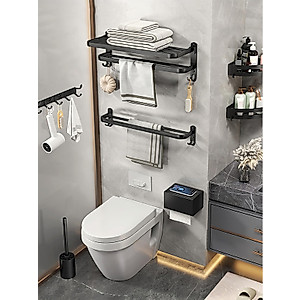 Towel Racks for Bathroom 24 inch, Matte Black Towel Rack Wall Mounted with Double Shelf, Bathroom Towel Shelf with Towel Bar, Rustproof Wall Towel Rack with Hooks, Adhesive Bath Towel Holder