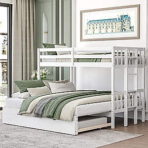 KOTEK Pull-Out Bunk Bed with Trundle, Twin Over Full, Twin Over 2 Twins Bunk Bed with Ladder & Safety Rails Accommodate 4 People, Detachable Solid Wood Bunk Bed for Kids, Adults (White)