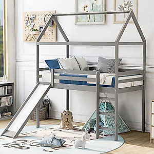 Harper & Bright Designs Twin Size Loft Bed with Slide, Kids House Loft Bed Frame with Ladder, Wood Twin Bed with Safety Rail for Kids Boys Girls, No Box Spring Needed, Grey