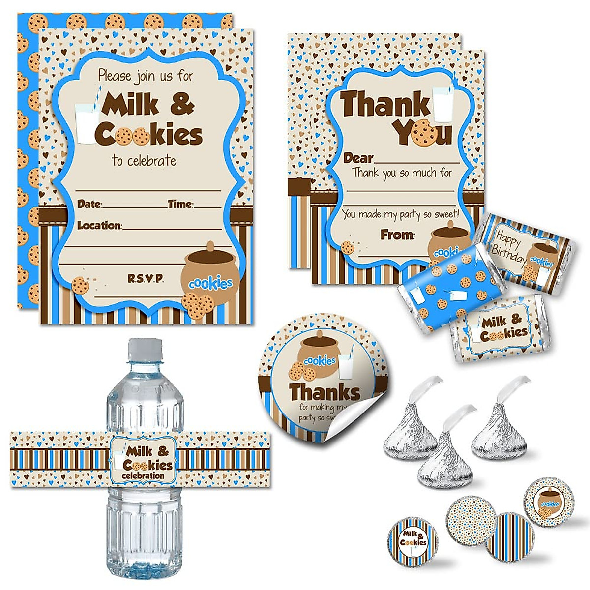 Milk and Cookies Boy Birthday Party Bundle Includes 20 each of Invitations & Thank You Cards with Envelopes + 2 Different Sizes of Stickers, Mini Candy Bar Wrappers, & Water Bottle Labels!