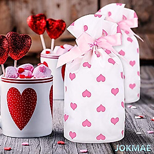 Valentines Day Treat Bags Candy Goodie Party Supplies - 50 Packs Pink Heart Drawstring Plastic Wrap, Chocolate Biscuit Cookie Cellophane Package, Gift Idea for Wedding Baby Shower Kids Girl Christmas