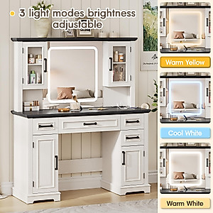 Maupvit Farmhouse Vanity Desk with Mirror and Lights, Makeup Vanity Table with Charging Station, 45" Bedroom Table with 4 Drawers and Cabinets, 3 Lighting Modes, White