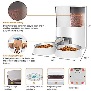 HoneyGuaridan Automatic Cat Feeder for 2 Cats&Dog, Pet Food Dispenser Timed Cat Feeder, Portion Control, Distribution Alarms and Voice Recorder 1-6 Meals per Day - 2 Stainless Steel Bowl