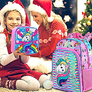 gxtvo 3PCS Unicorn Backpack for Girls, 16" Sequin Prechool Elementary Bookbag and Lunch Box