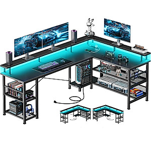 ODK 66" L Shaped Gaming Desk with Power Outlet and LED Lights, PC Gaming Table with Carbon Fiber Texture, Reversible L Shape Desk with Storage Shelves & Monitor Stand, Home Office Desk, Black