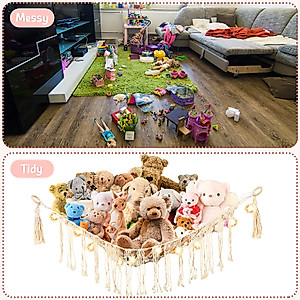 Stuffed Animal Net Hammock Macrame Boho Toy Hammock with LED String Light Stuffed Animal Hanging Storage Organizer Wall Corner Toy Net Holder Display with Tassel (Beige,43.3 x 34.6 x 34.6 Inch)