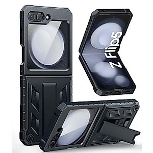 FNTCASE for Samsung Galaxy Z-Flip5 Case: Military Grade Protection Shockproof Cell Phone Cover with Built-in Screen Protector & Kickstand | Protective Rugged Armor Case for Z Flip 5 (2023) - Black