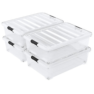 Tyminin 50 Quart Rolling Under Bed Storage Containers, 4-Pack 7.5 Inches Tall Low Profile Underbed Clothes Storage Organizer Bin with Sturdy Wheels, Clear