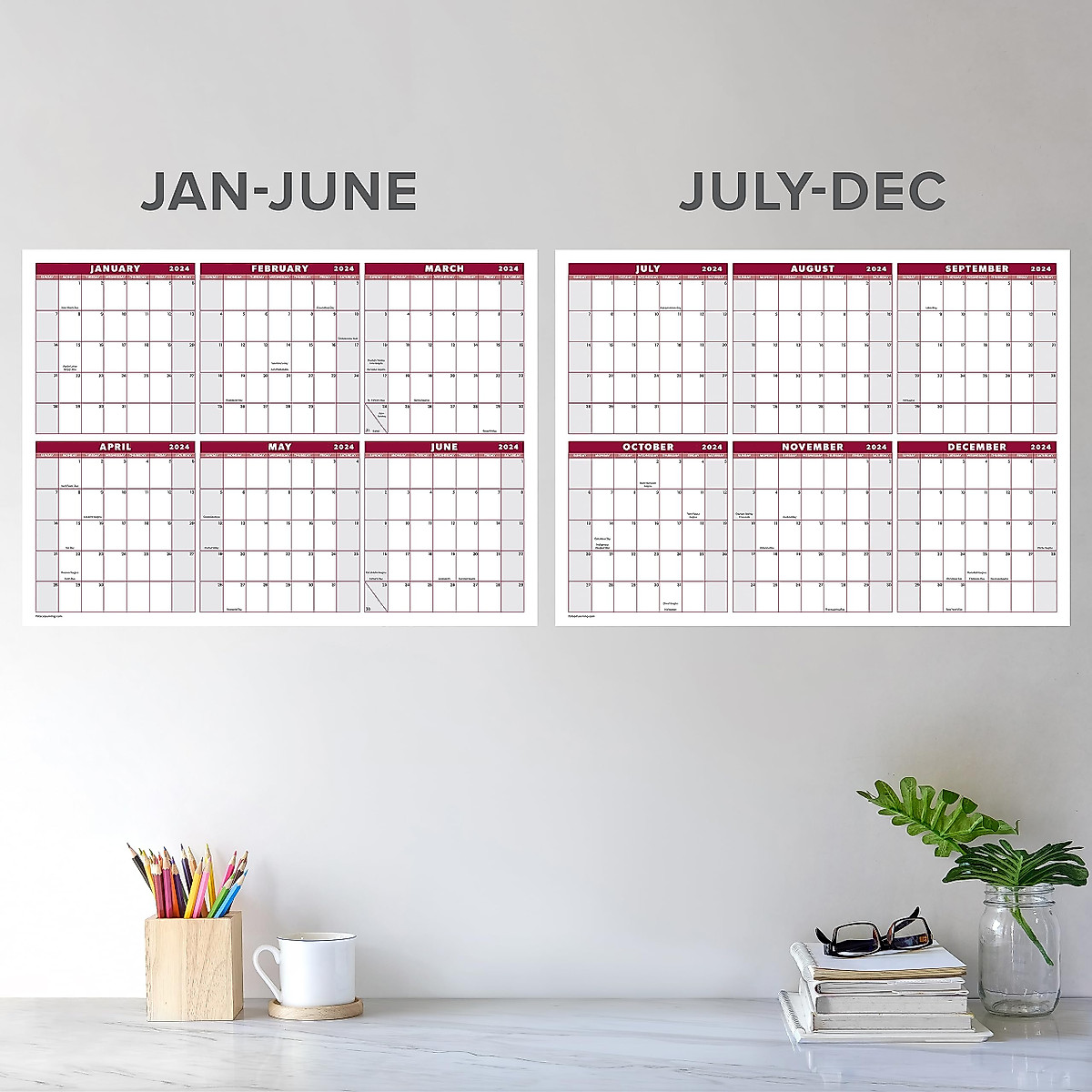 Large 24" x 36" 2024 Dry Erase Wall Calendar - Wet & Dry Erasable 12 Month Annual Yearly Wall Planner - Horizontal/Vertical, Reversible (Red, Laminated, 2024) - Two Piece Design