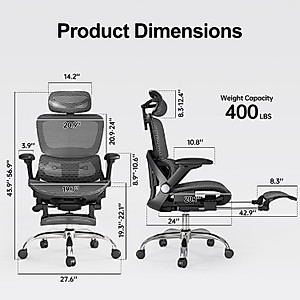 Ergonomic Office Chair, 400 LBS Capacity, Adjustable Adaptive Lumbar Support, High Back Mesh Chair with Flip-up Arms, Retractable Footrest, Gaming Chair
