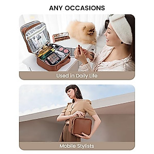 Stagiant Large Makeup Bag, Double Layer Makeup Case with Dividers Makeup Organizer Bag Cosmetic Train Case for Travel Makeup Brushes Palettes Sponge Toiletries, Vintage Brown