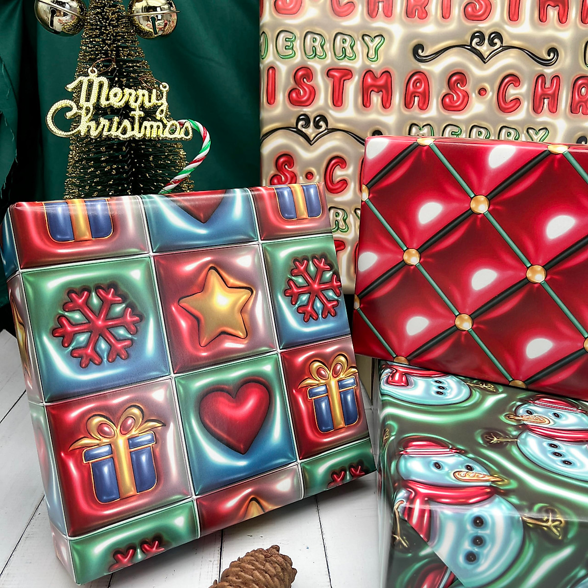 Dtiafu Stereoscopic Christmas Wrapping Paper Bundle - Unique Xmas Design with Snowman Merry Christmas - 20 x 28 Inch Per Sheet(8 Pcs)