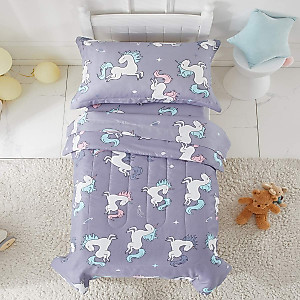 UOZZI BEDDING Unicorn 4 Piece Toddler Bedding Set with Rainbow Stars Blue-Gray - Includes Adorable Quilted Comforter, Fitted Sheet, Top Sheet, and Pillow Case for Girls Boys Bed